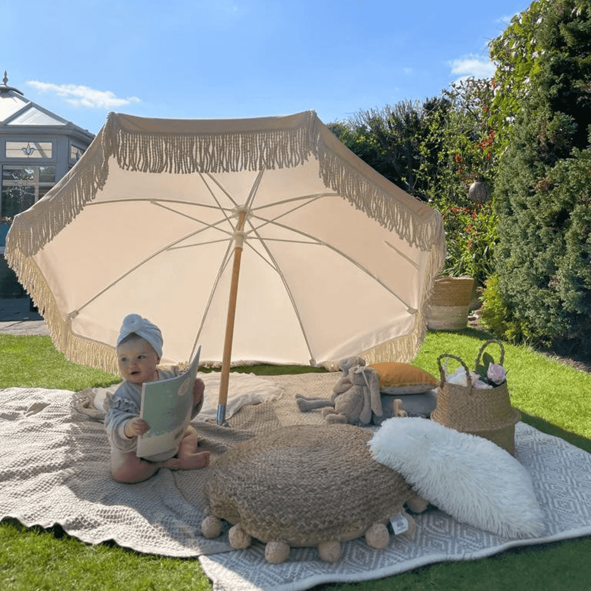 'The Marley' Beige Neutral Colour with Panelled Tones Boho Parasol Umb ...